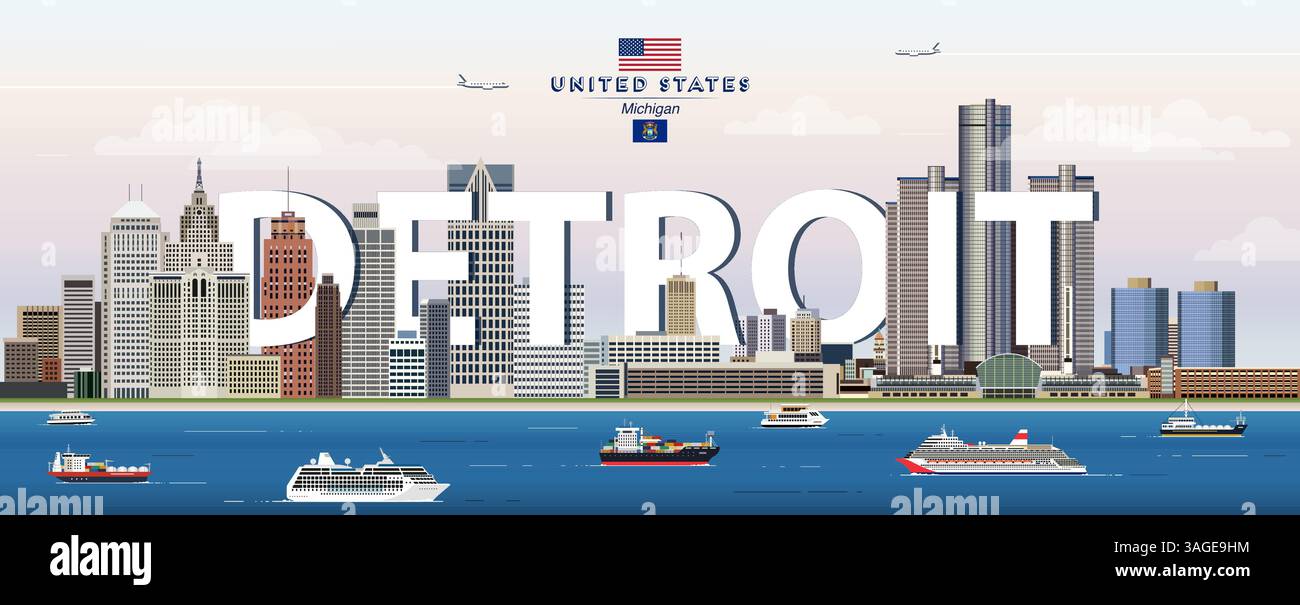 Detroit city skyline colorful vector illustration. Travel poster Stock ...