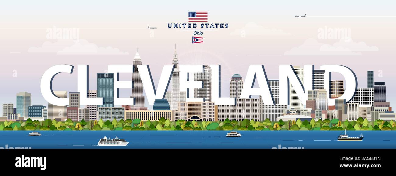 Cleveland city skyline colorful vector illustration. Travel poster ...