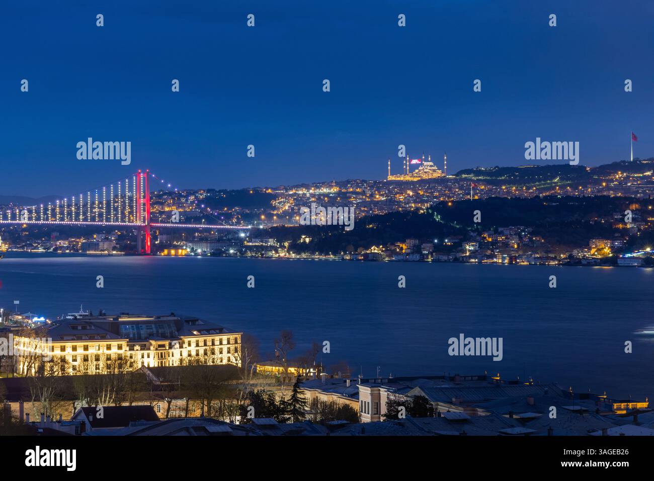 Bosporus strait and bridge at night in Istanbul, Turkiye Stock Photo ...