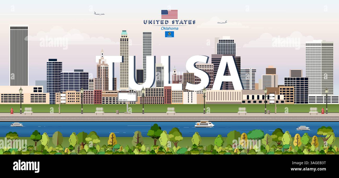 Tulsa city skyline colorful vector illustration. Travel poster Stock ...