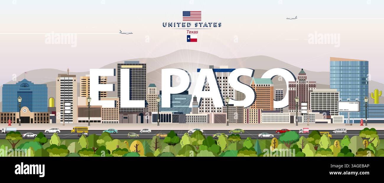 El Paso city skyline colorful vector illustration. Travel poster Stock ...
