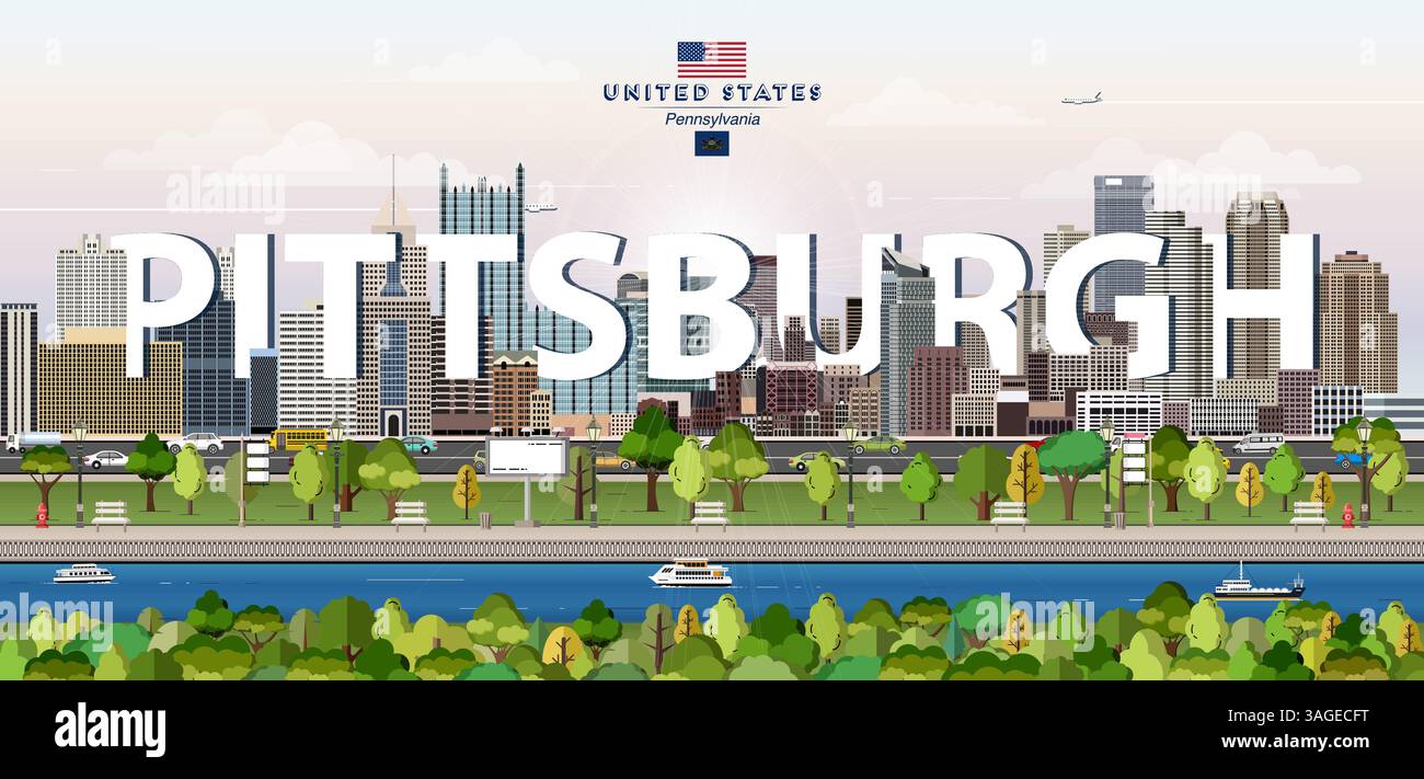 Pittsburgh city skyline colorful vector illustration. Travel poster ...