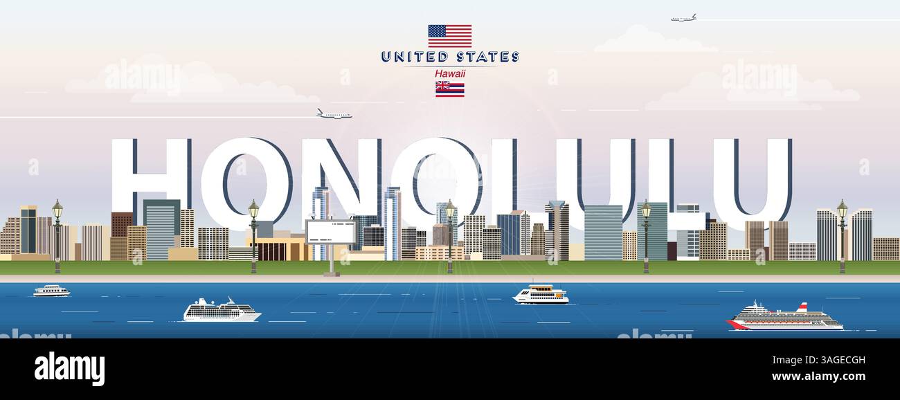 Honolulu city skyline colorful vector illustration. Travel poster Stock ...