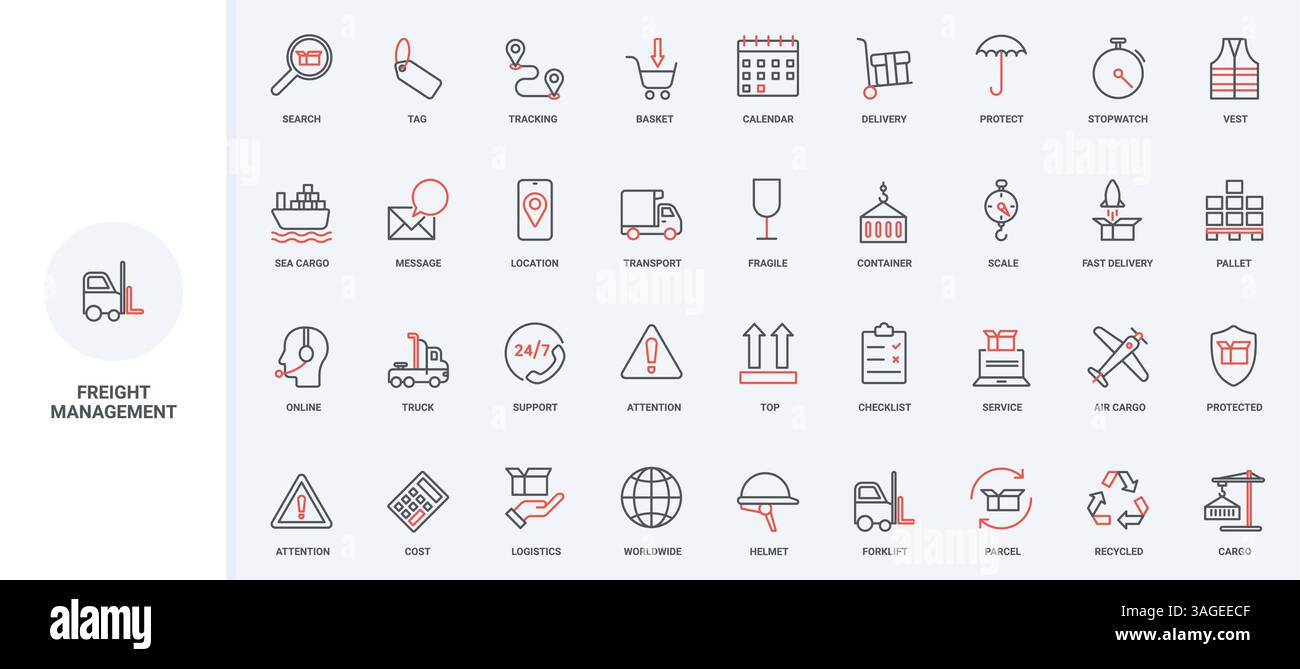 Delivery with freight transport, worldwide cargo shipment, storage in warehouse line icon set ...