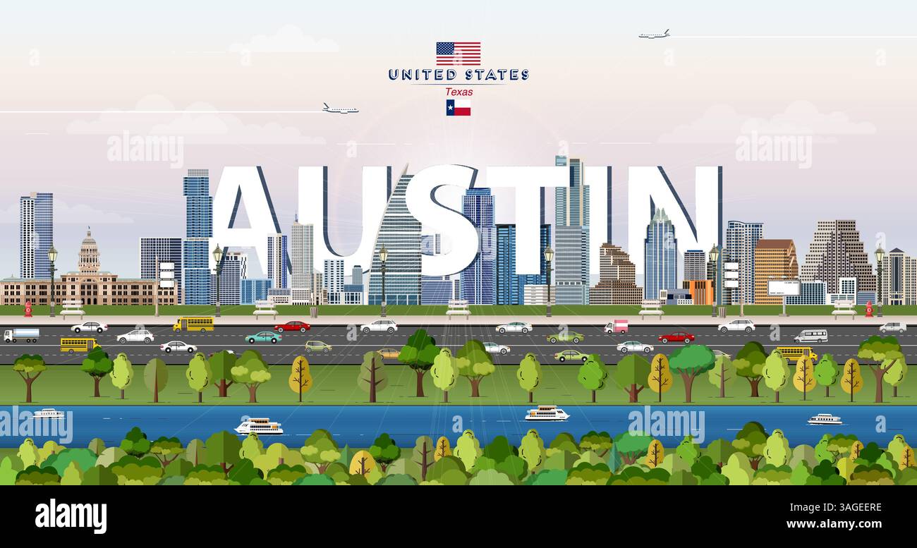 Austin city skyline colorful vector illustration. Travel poster Stock ...