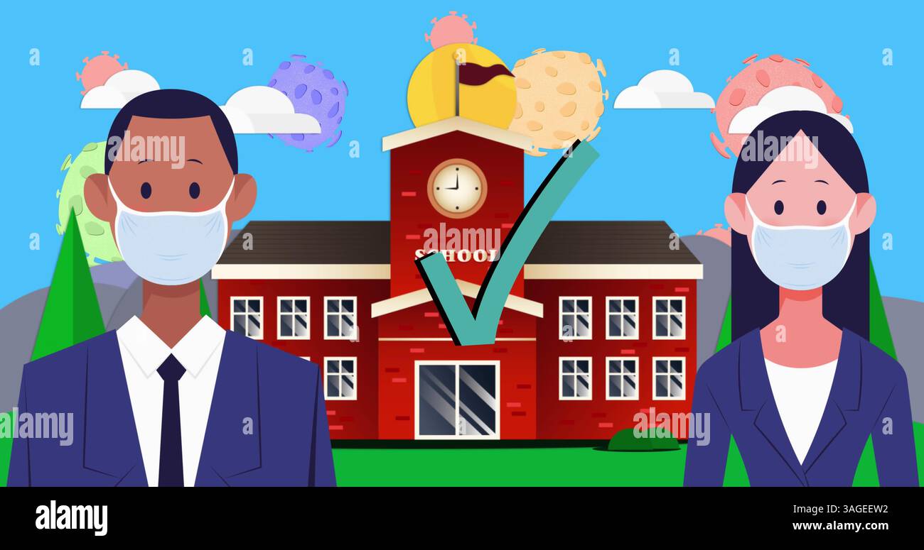 Image of man and woman wearing face masks social distancing, in front ...