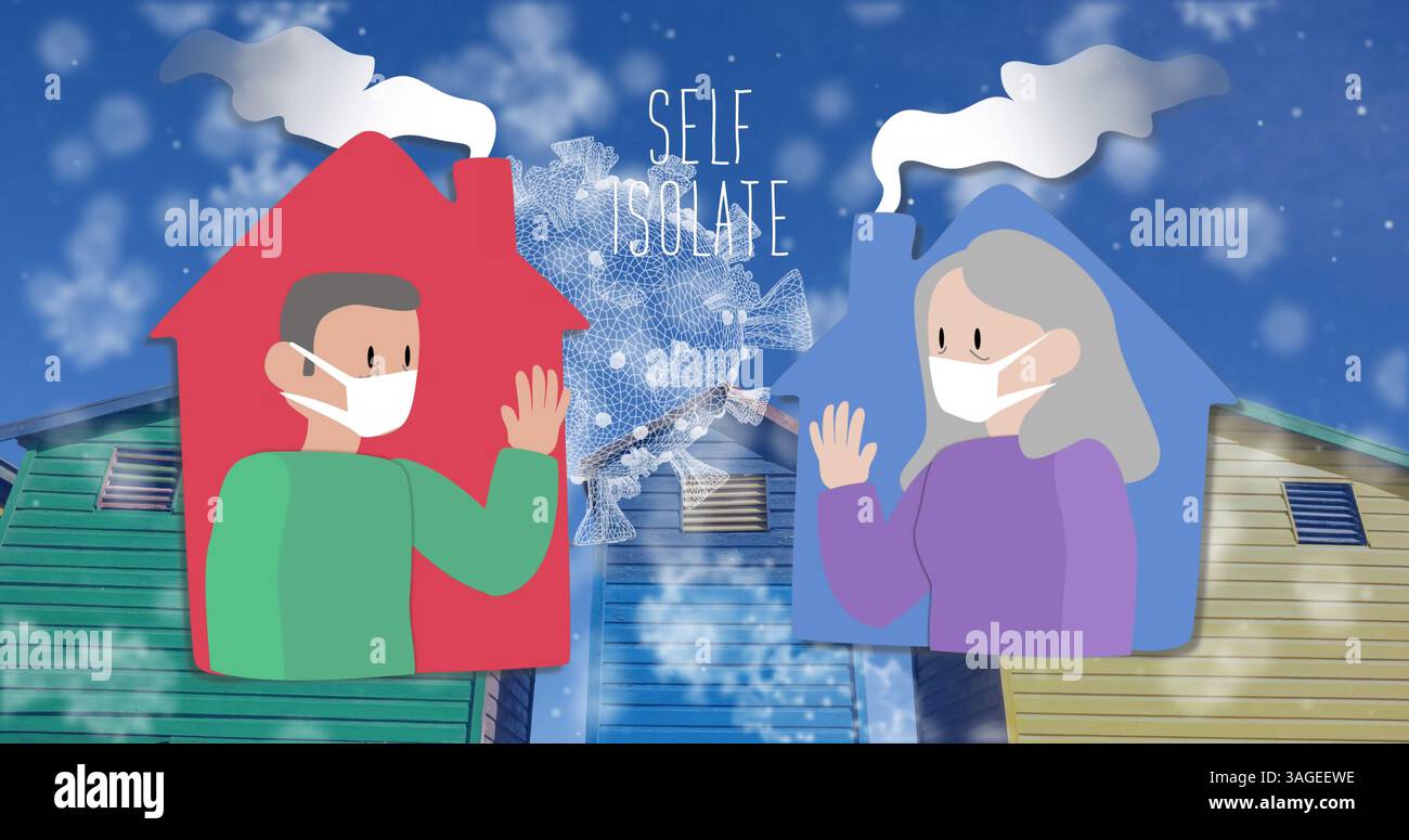 Illustration of two people wearing masks, self-isolating in separate ...