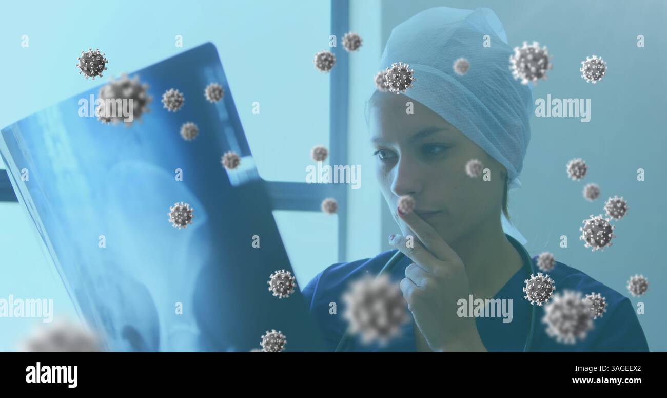 Analyzing X-ray in hospital, medical professional surrounded by virus ...