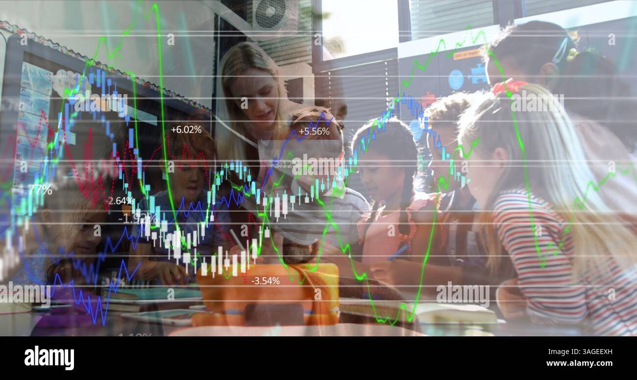 In school, teacher guiding children with stock market graphs overlay in ...