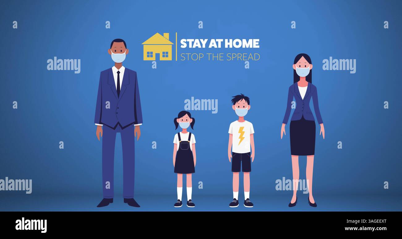 Wearing masks, family standing together at home, promoting stay-at-home ...