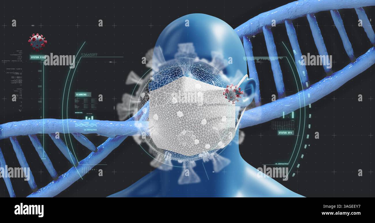 Image of DNA strand spinning with Covid 19 cells, human model wearing ...
