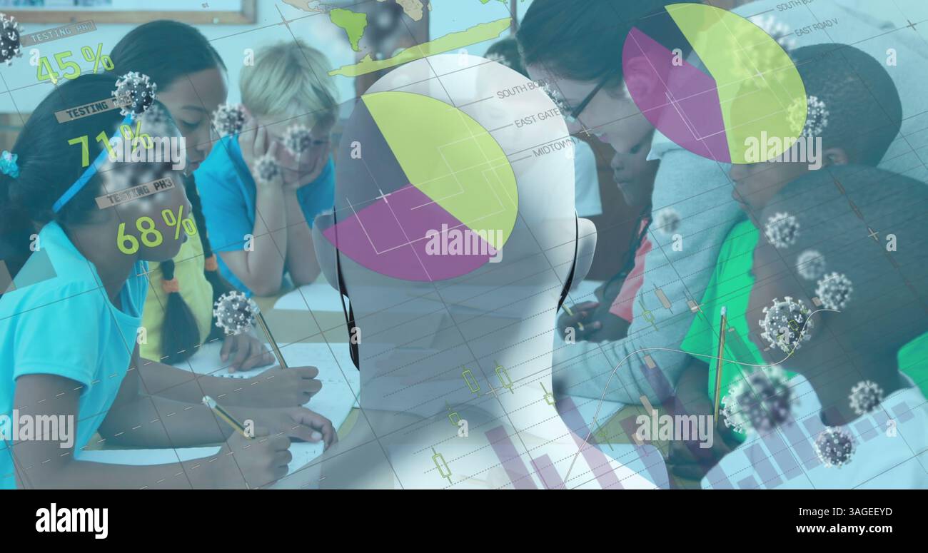 Students collaborating on project in classroom, surrounded by digital ...