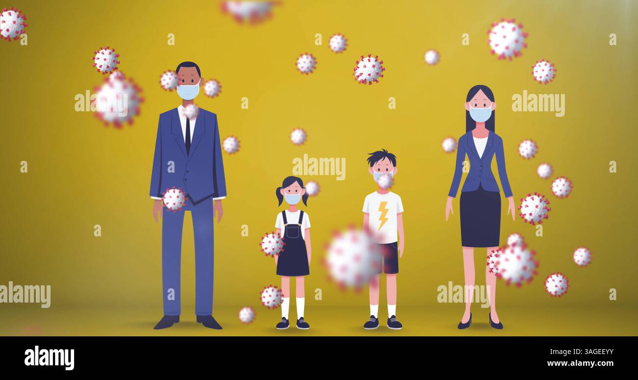 Wearing masks, family standing together, surrounded by virus particles ...