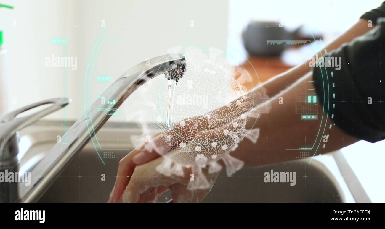 Washing hands under faucet with digital virus overlay, promoting ...