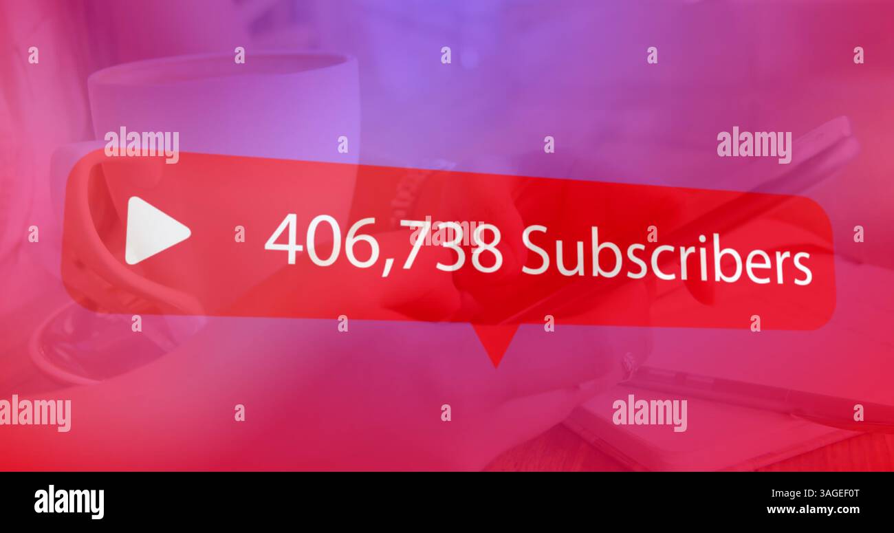 Image of digital interface Subscribers text with growing numbers on red ...