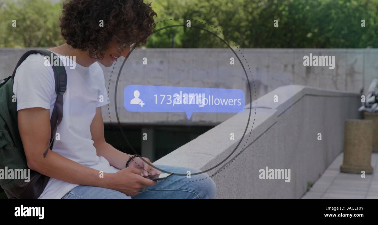 Image of digital interface Followers text and people icon with growing numbers on blue speech ...