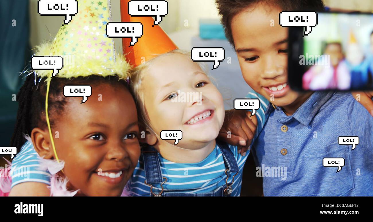 Image of LOL text on speech bubbles floating over children taking ...