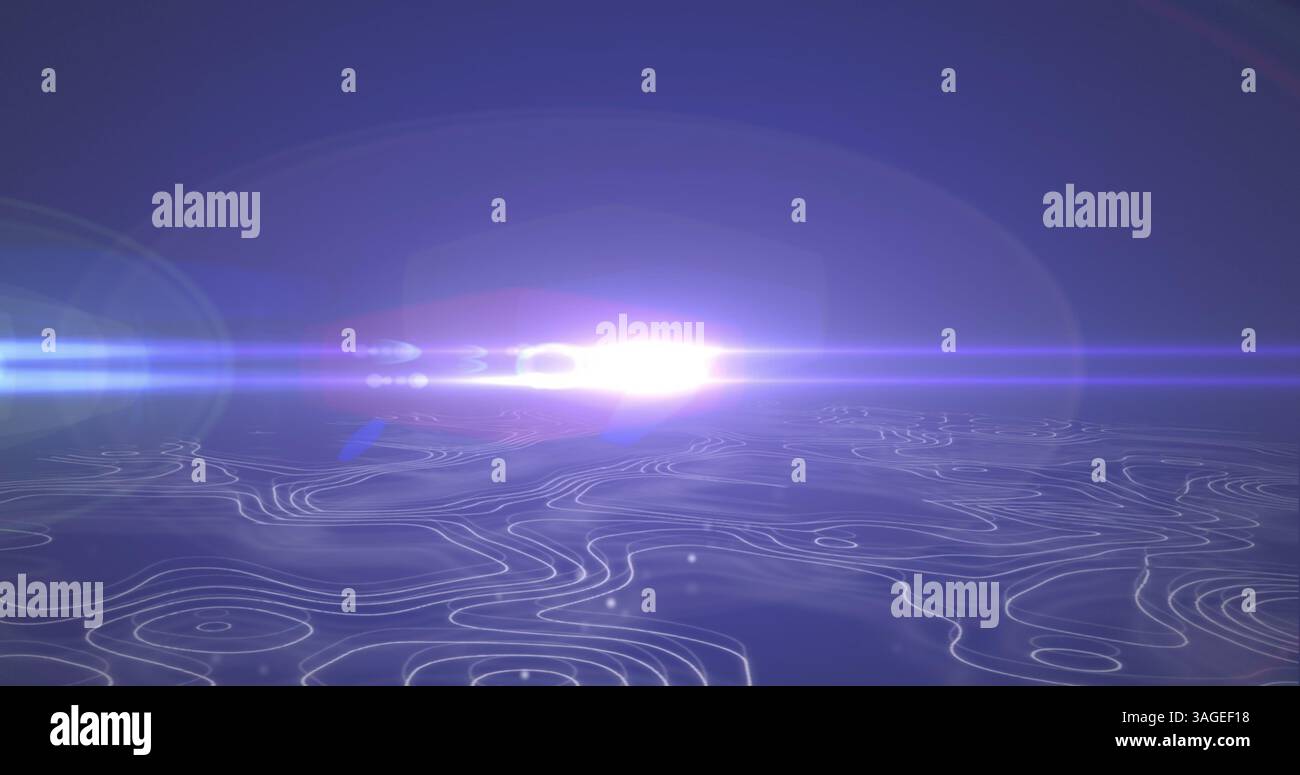 Image of bright white light and light beams on horizon over wavy lines ...