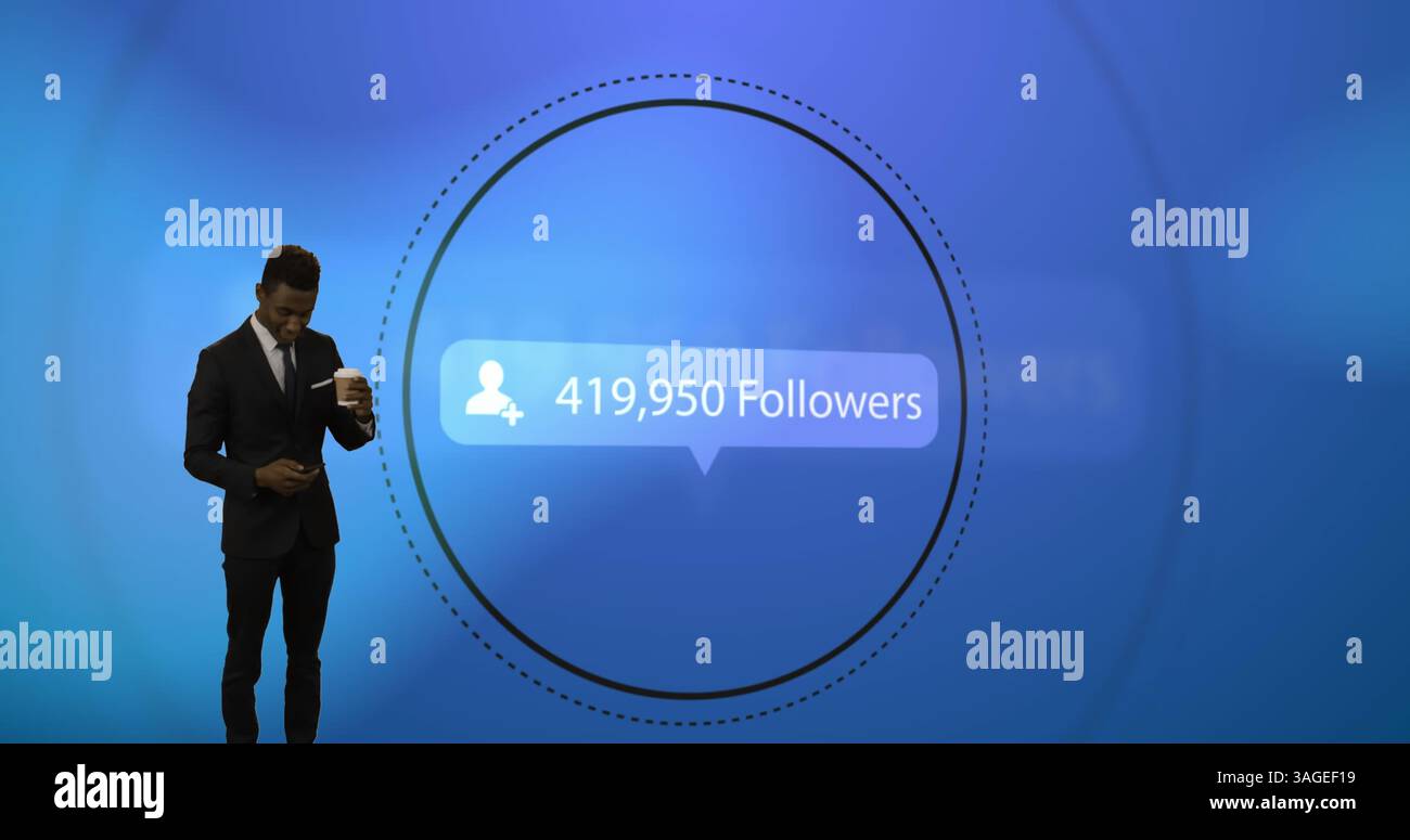 Image of digital interface Followers text and people icon with growing numbers on blue speech ...