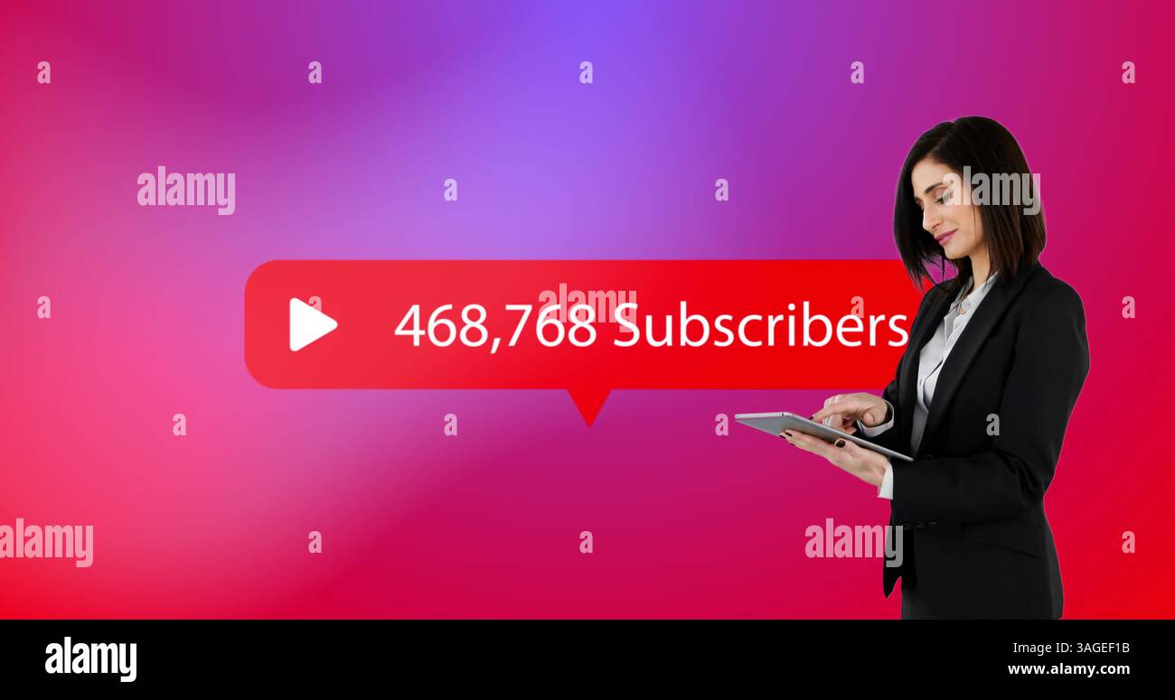 Image of digital interface Subscribers text with growing numbers on red ...