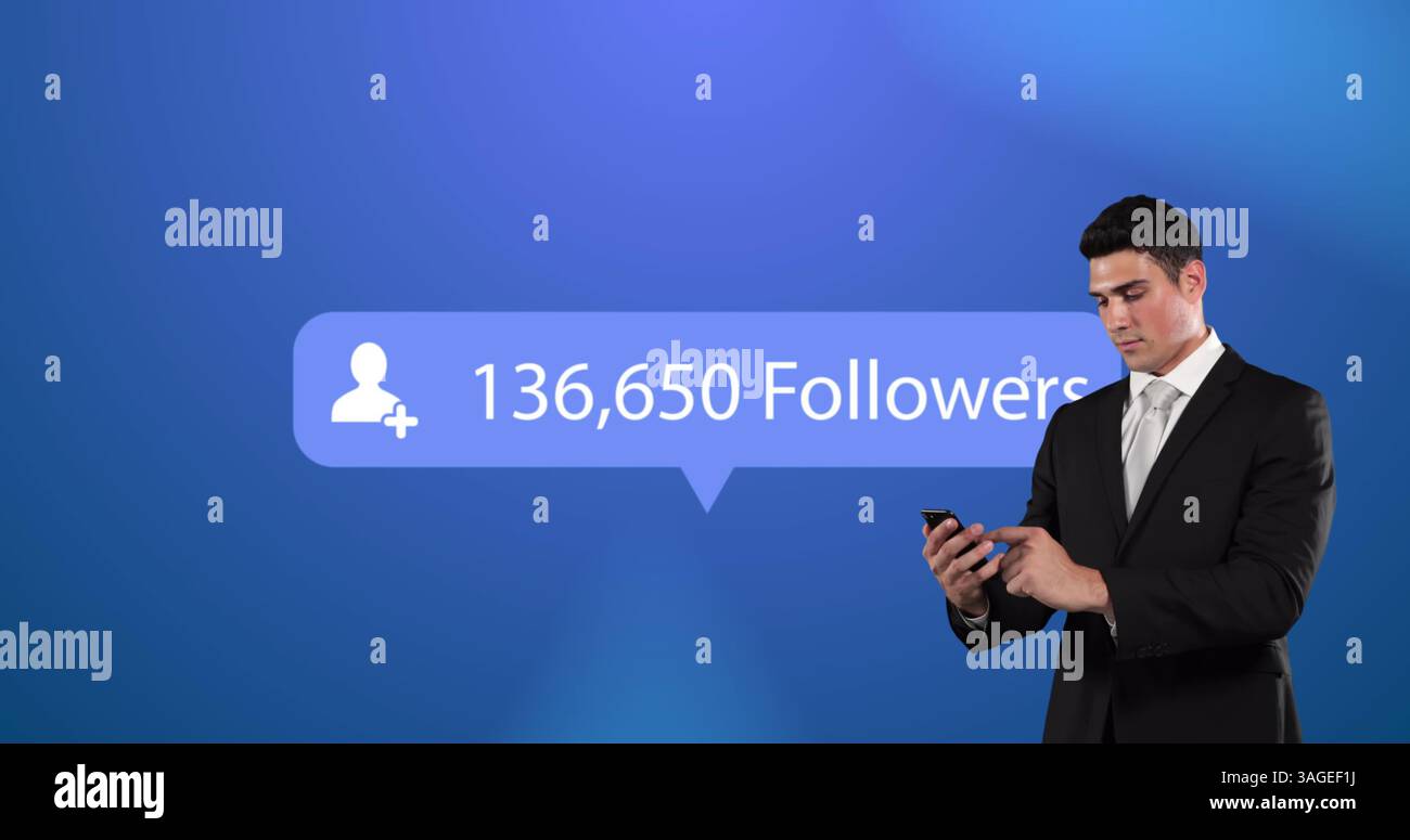 Image of digital interface Followers text and people icon with growing numbers on blue speech ...