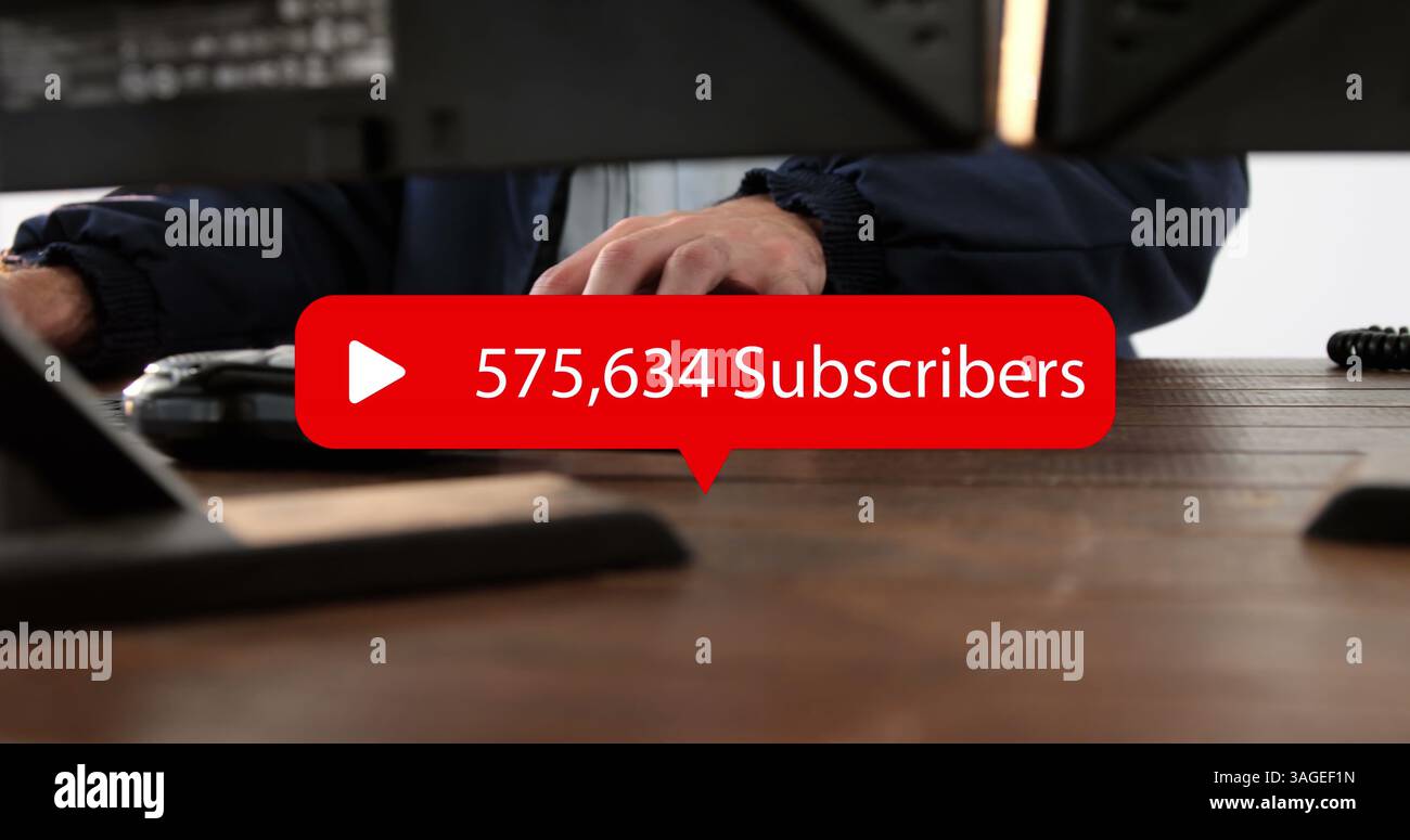 Image of digital interface Subscribers text with growing numbers on red ...