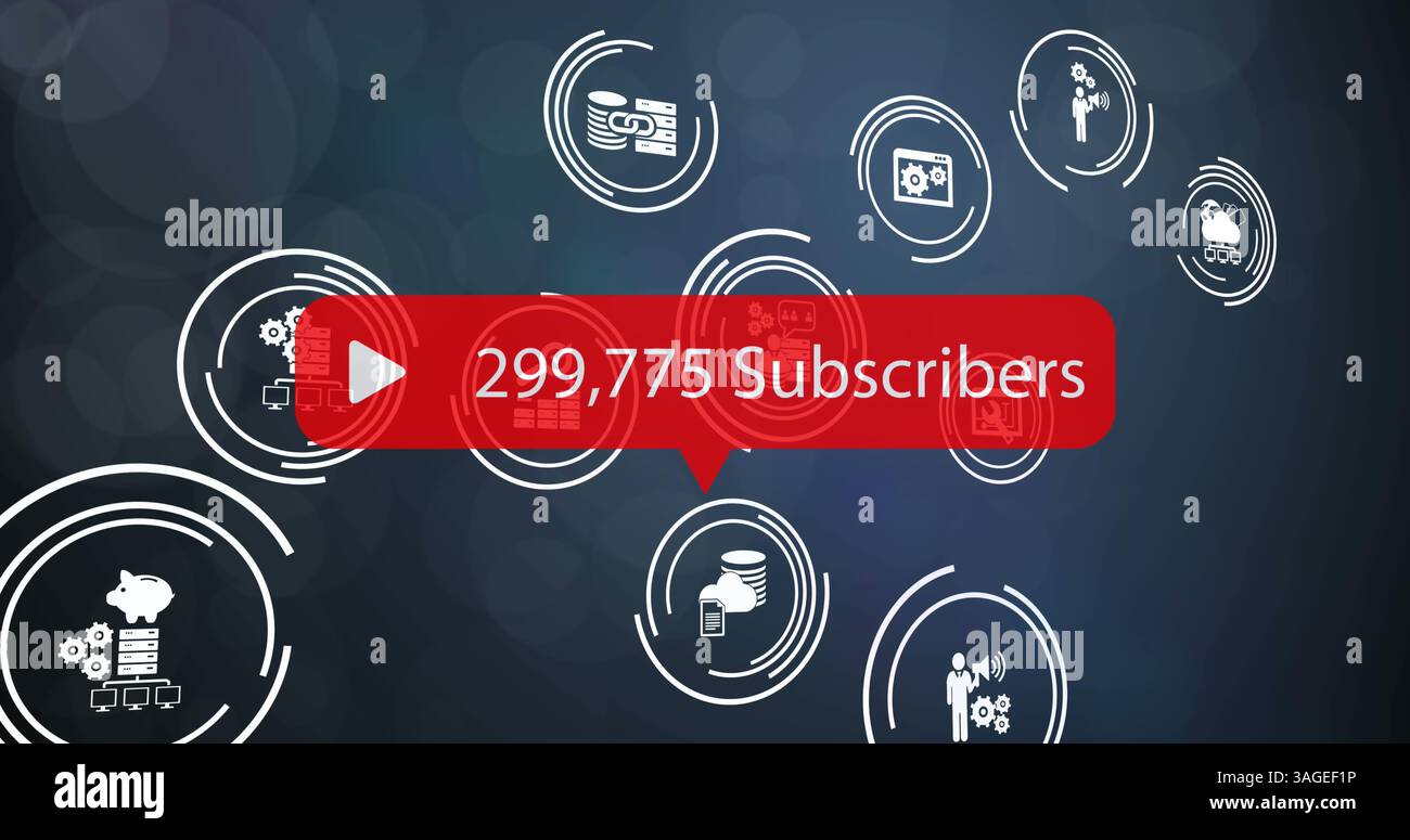 Image of digital interface Subscribers text with growing numbers on red ...