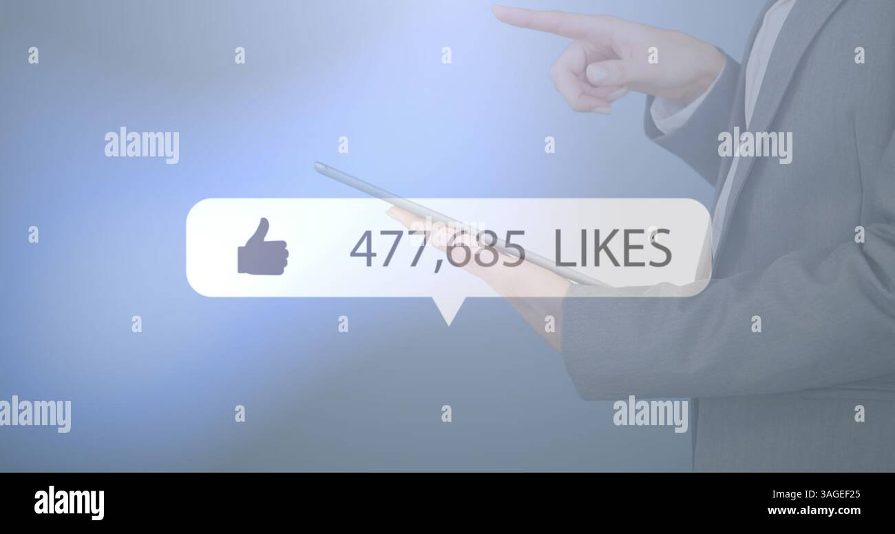 Image of digital interface thumbs up with growing numbers on white ...