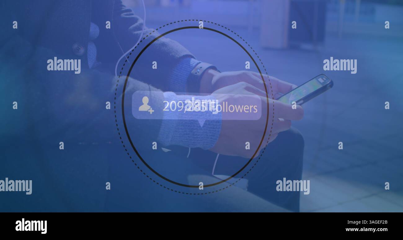 Image of digital interface Followers text and people icon with growing numbers on blue speech ...