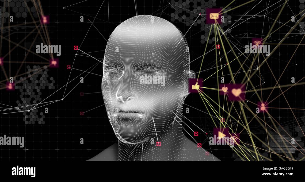 Image of human head spinning with digital interface connections ...