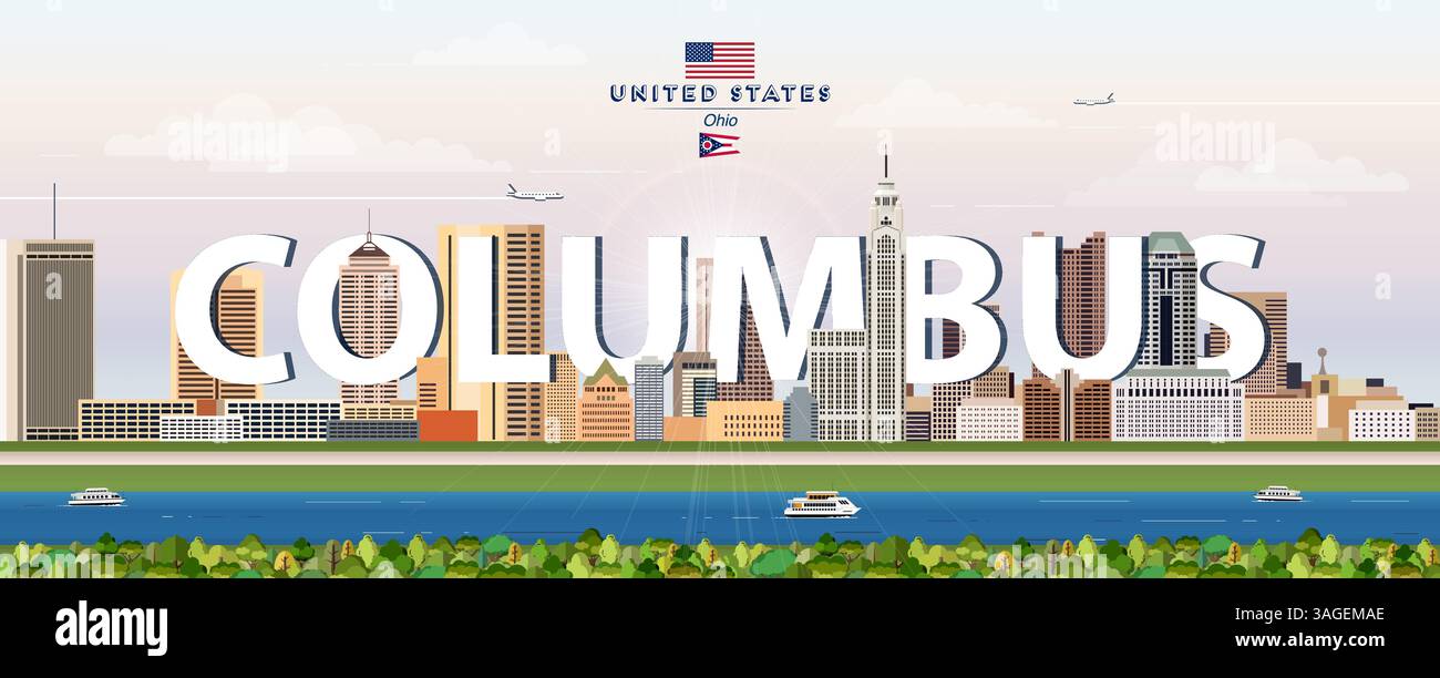 Columbus city skyline colorful vector illustration. Travel poster Stock ...