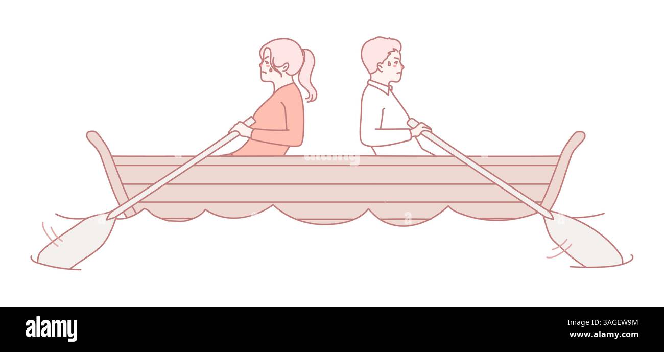 An illustration depicting two individuals rowing a boat together ...