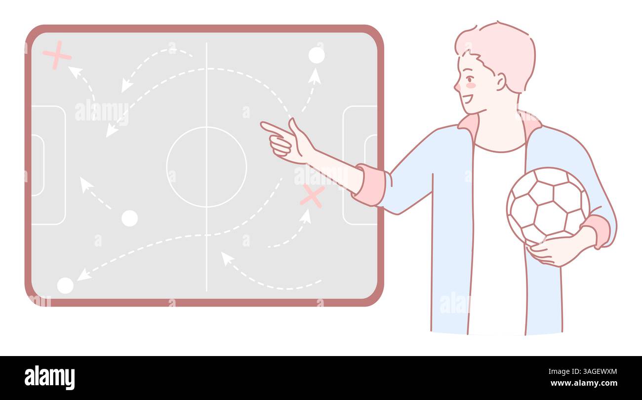 A soccer coach is actively demonstrating various game strategies using ...