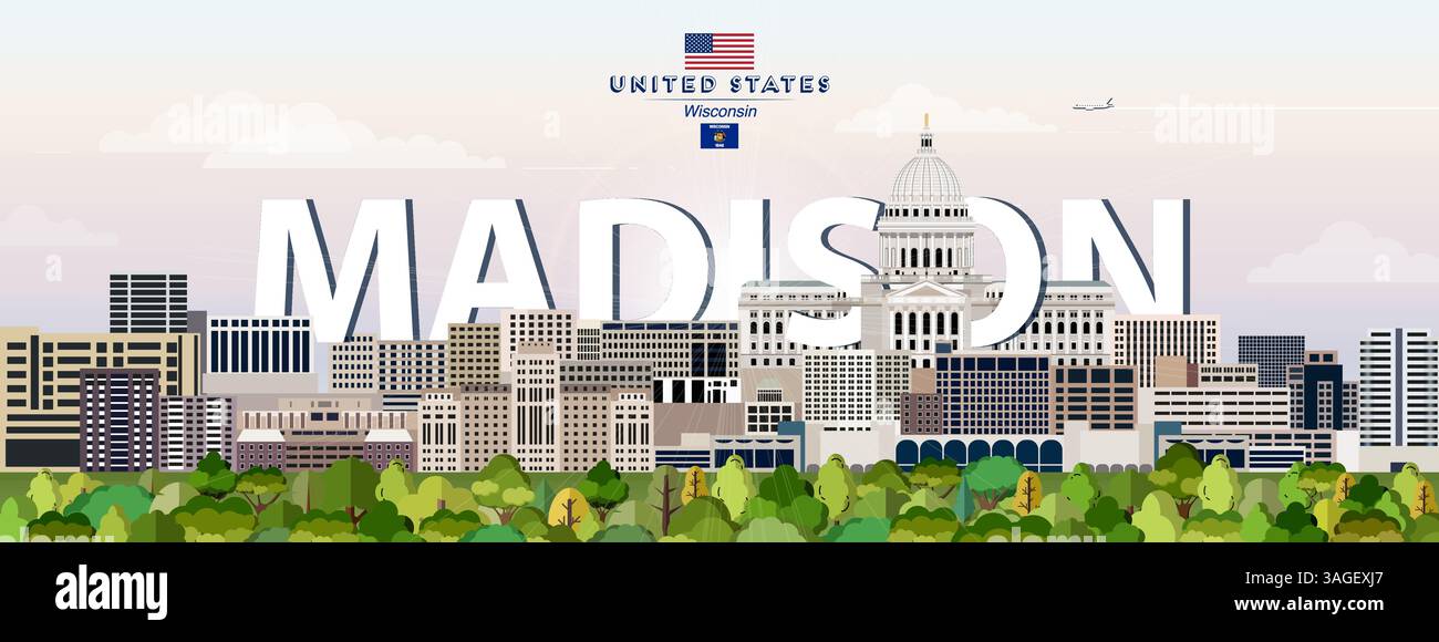 Madison city skyline colorful vector illustration. Travel poster Stock ...