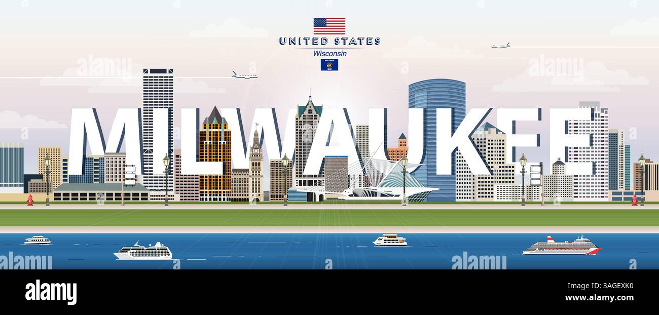Milwaukee city skyline colorful vector illustration. Travel poster ...
