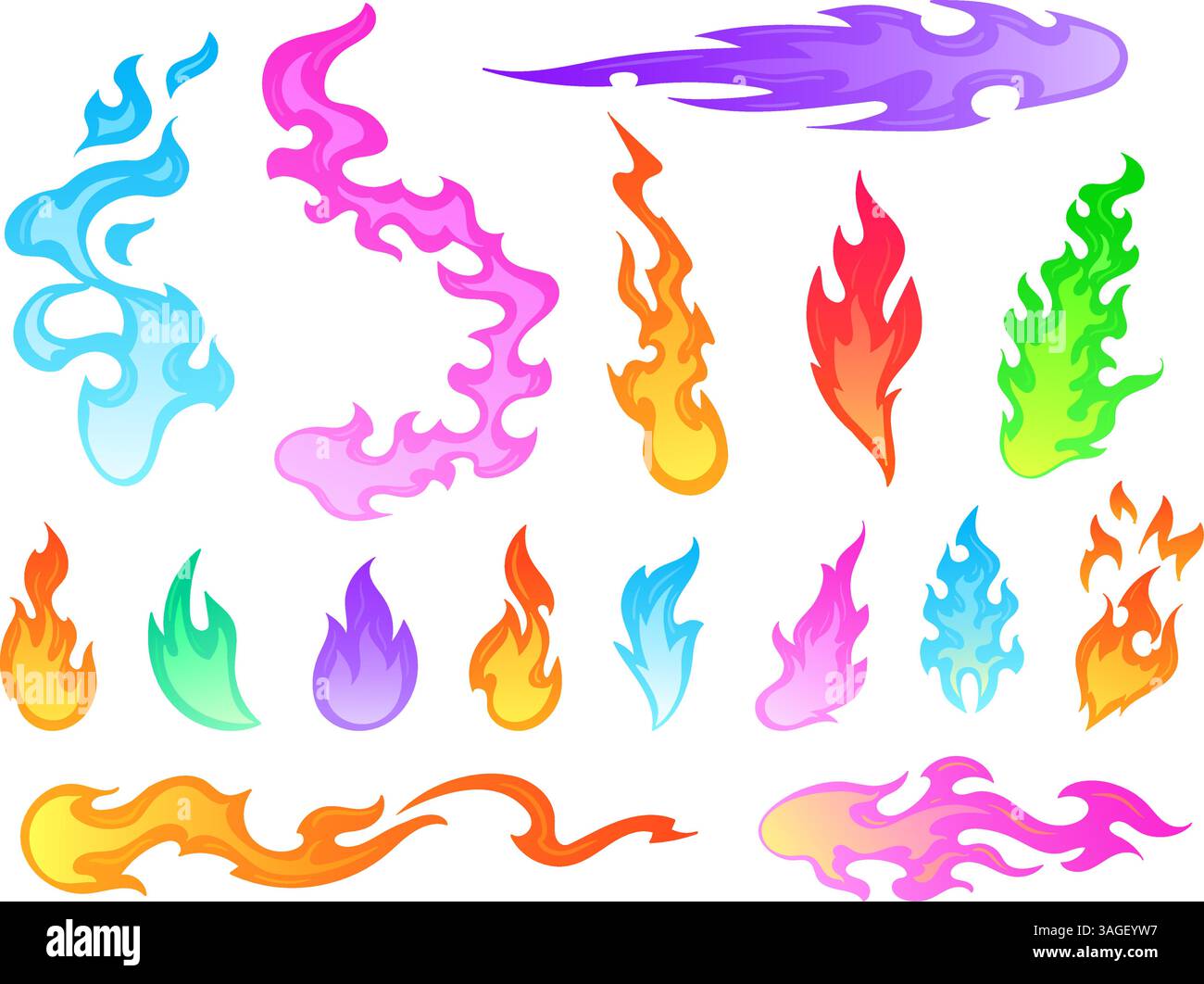 Cartoon magic flames. Blue fire, fantasy purple flame energy pink ...