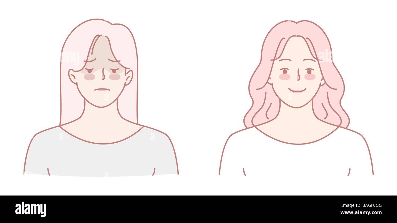 Illustration depicting contrasting emotional expressions: sadness and ...