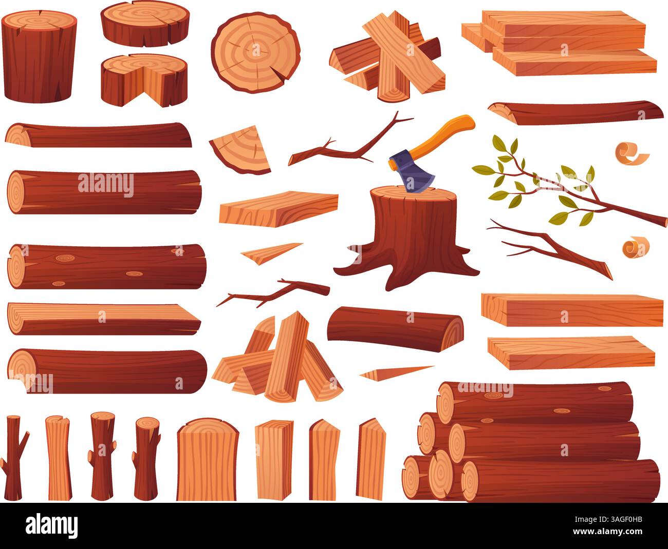 Cartoon wooden logs. Stacked tree trunks, cracked wooden log lumber ...