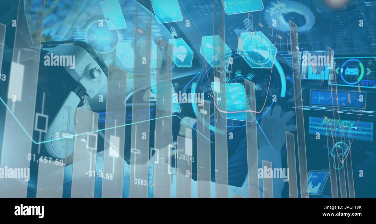 Image of information displays with man in vr headset using self driving ...