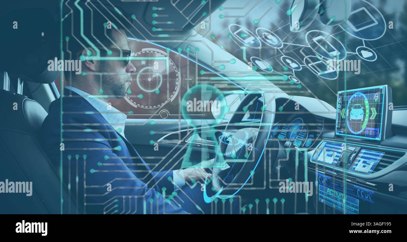 Image of multiple information display screens with man in vr headset ...