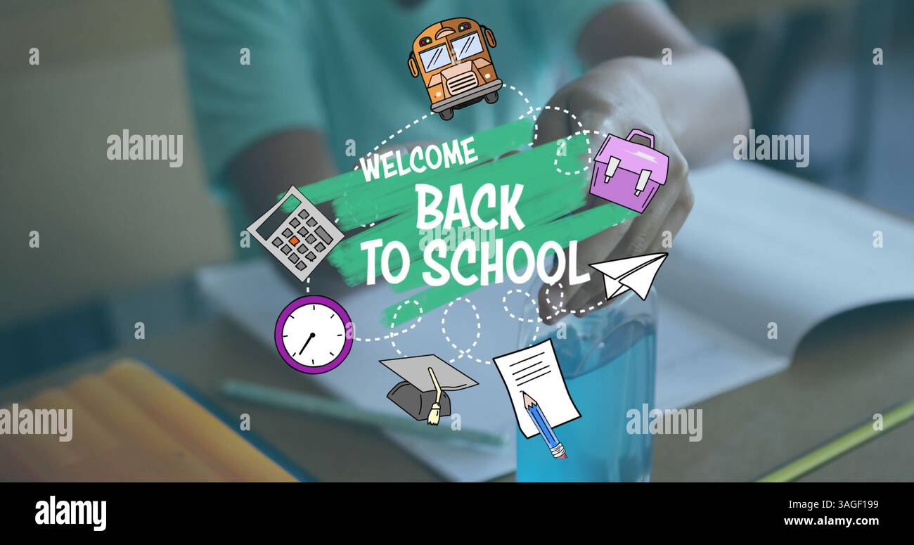 Image of words welcome back to school over boy disinfecting his hands ...