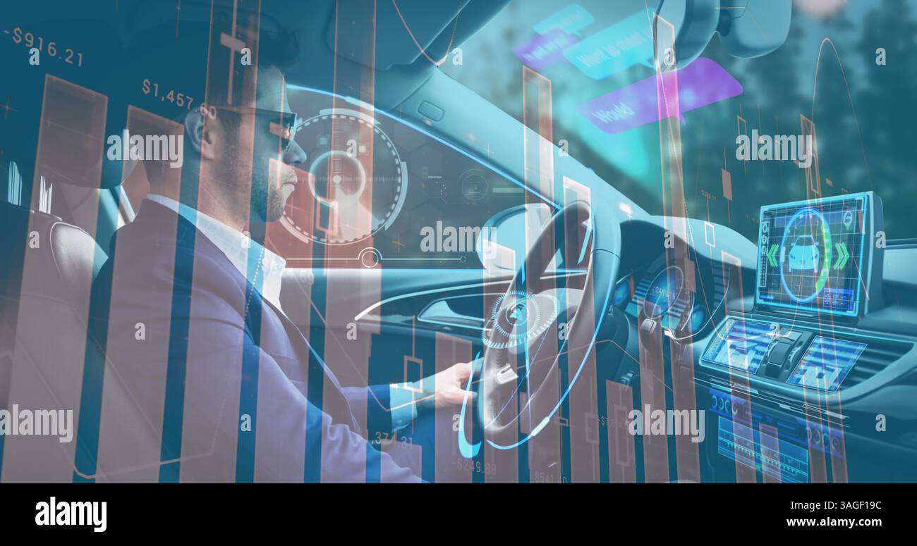 Image of information displays with man using self driving car Stock ...