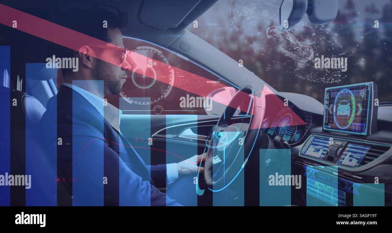 Image of information displays with man using self driving car Stock ...