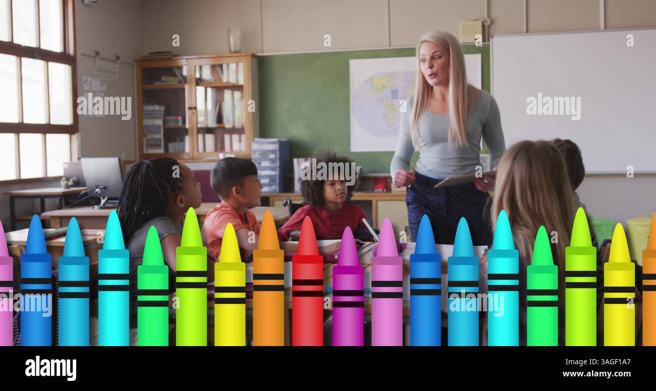 Image of multiple crayons over female teacher with schoolchildren Stock ...