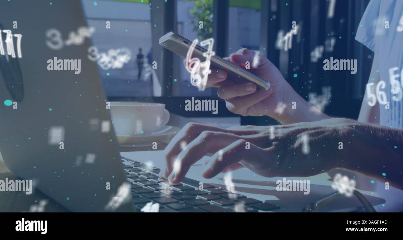 Multiple numbers and symbols floating against person using smartphone ...