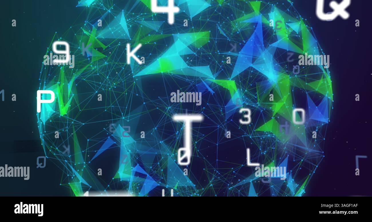 Multiple changing numbers and alphabets against spinning globe of network of connections. global ...
