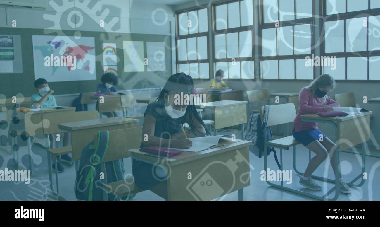 Multiple covid 19 icons floating against group of students wearing face ...