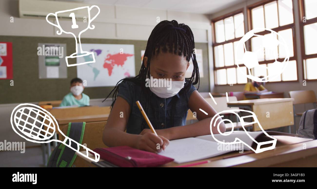 Image of school items icons over schoolgirl in face mask writing Stock ...