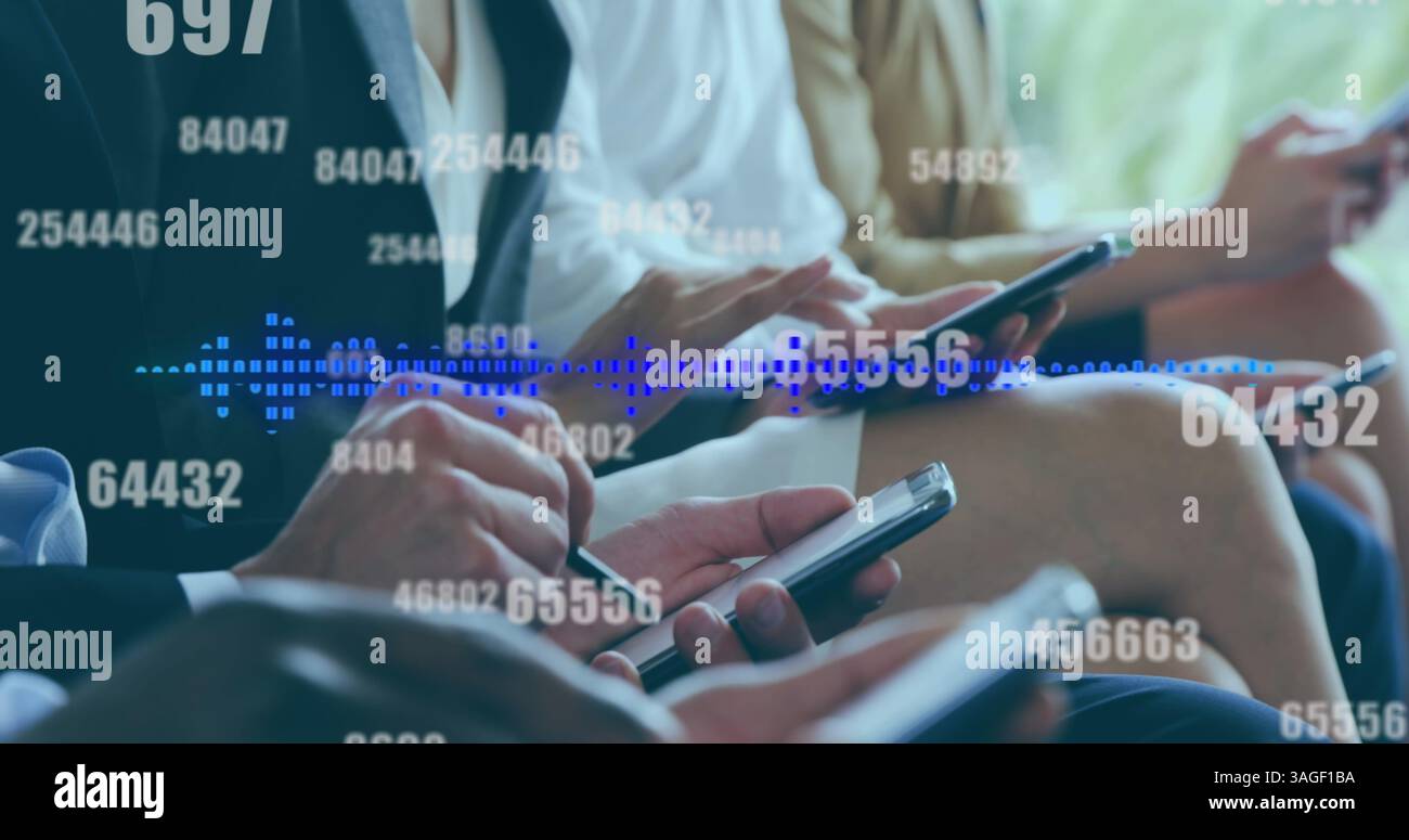 Digital composite image of multiple changing numbers against businesspeople using electronic ...