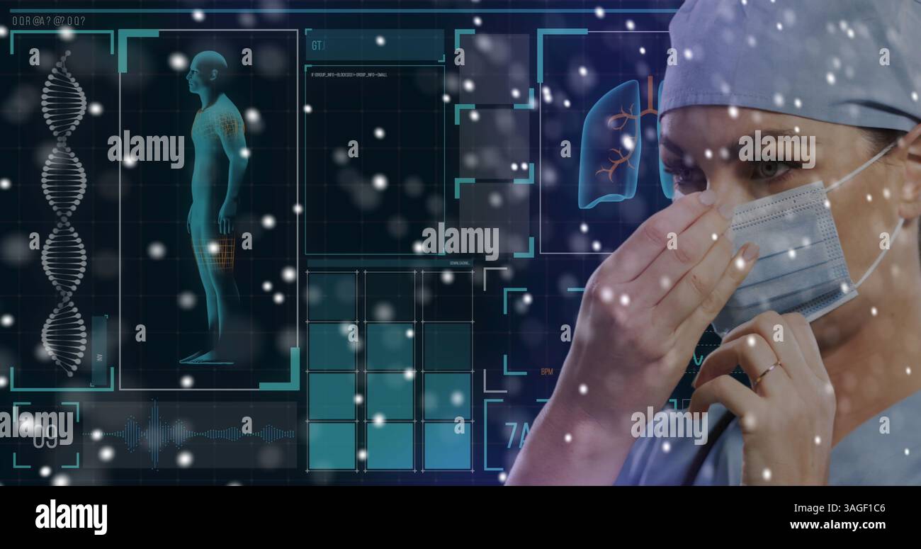 Dna structure spinning over female doctor adjusting her face mask against medical data ...